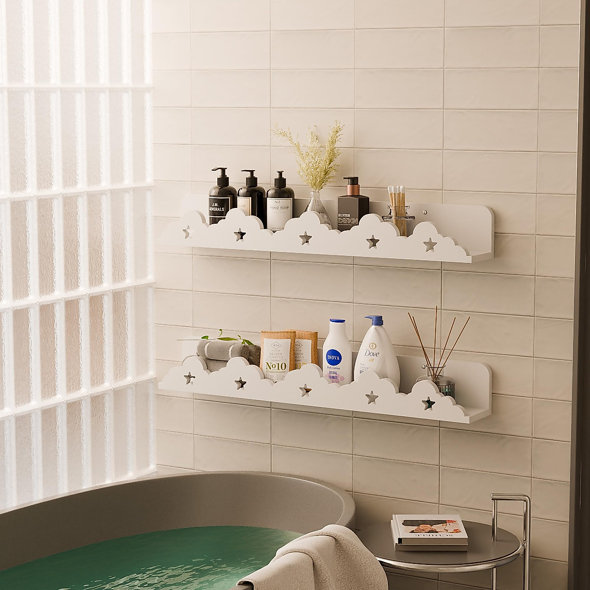 Sumbame Nursery Shelves for Wall Set of 2 - White Cloud Floating Bookshelf for Kids, 24 Inch Scalloped Picture Ledge Shelf, Display Shelf for Baby Bedroom, Nursery Decor, Baby Playroom, Toy Storage