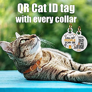BRONZEDOG Leather Cat Collar with Bell Non Breakaway Kitten QR Tag for Girl Boy (7" - 9" for Cats, Green & Gold)