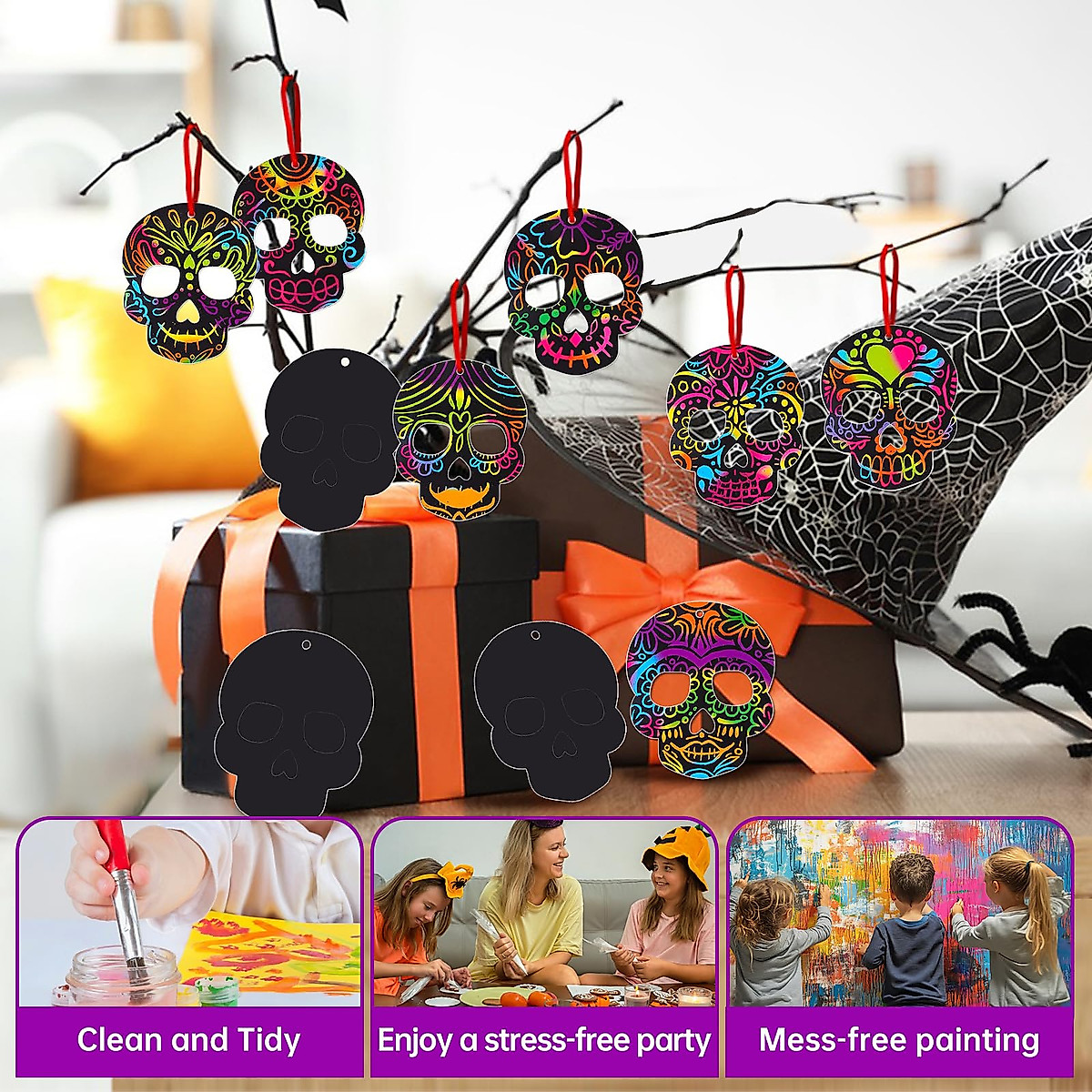 WhatSign Halloween Scratch Art Crafts for Kids 24Pcs Magic Rainbow Scratch Paper Halloween Party Games for Kids Adults Halloween Ornaments DIY Craft Decorations Halloween Party Favors Supplies