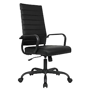 LANDSUN Home Office Chair High Back Executive Chair Ribbed Leather Computer Desk Chair with Armrests Soft Pad Adjustable Height Swivel Conference Black Frame