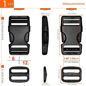 1" Straps and Buckles Set: 6 Yard Nylon Webbing 1 inch (25 mm) Wide, 6 Pack Side Release Buckle, 12 pcs Tri-Glide Sliders, Plastic Clip Quick Fastener Replacement Heavy Duty Dual Adjustable No Sew