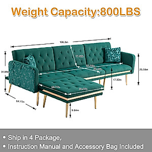 Pvillez Sectional Sofa Futon Sofa Bed Convertible Sleeper Sofa Couch w/Chaise Lounge,Ottoman L-Shape Convertible Couches for Living Room Button Tufted Back Velvet Couch w/Golden Legs