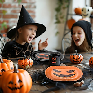 96 Pcs Halloween Pumpkin Paper Plates and Napkins Forks, Disposable Party Dessert Tableware Supplies Decorations Birthday Table Dinnerware Favors Set, Serves 24