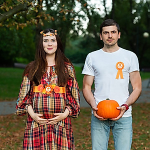 5Pcs Pumpkin Maternity Sash Set, Happy Fall Theme Mom to Be & Daddy to Be Corsage Pins, Flower Crown and Pregnancy Sash Keepsake for Autumn Pumpkin Gender Reveal Baby Shower Party Photo Prop Gift