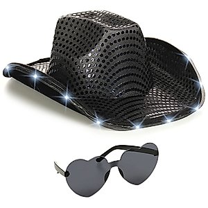 Funcredible Black Light Up Cowboy Hat and Glasses - Sparkly Disco Cowgirl Hat - Sequin Cowboy Hat for Women - Cowgirl Costumes for Girls