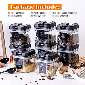Spice Containers with Labels - 9 Pcs Large Plastic Tea Storage Containers with 148 Spice Labels and 9 Spoons - Square Airtight Spice Containers Set with black Lids for Kitchen Pantry Herbs,Coffee,Seasoning Organization