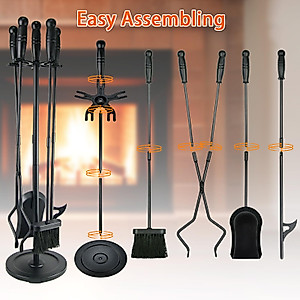 VODA Fireplace Tools Set 5 Pcs 31In Cast Iron Fireplace Tools Indoor Fireside Accessories Large Fire Place Tool Set Outdoor Holder Fire Kit with Poker Shovel Tongs Brush, Stand