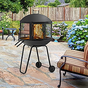 Tangkula Portable Fire Pit with Wheels, 28 Inch Wood Burning Fire Pit with Log Grate, Poker, Rolling Patio Fireplace Wooden Bonfire Firepit for Outdoor Entertaining Black