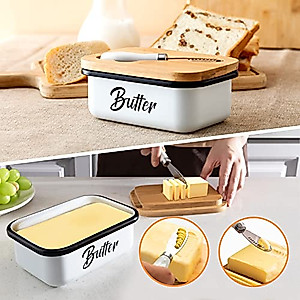 Farmhouse Butter Dish with Lid, Vivimee Metal Butter Container with Wooden Lid, White Butter Dish Keeps Your Butter Soft, Butter Keeper Holder, Butter Crock with Lid for Counter or Fridge
