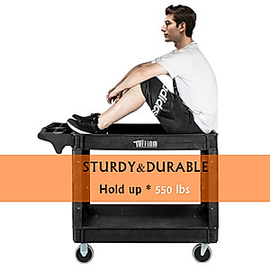 TUFFIOM Plastic Service Utility Cart with Wheels, 550lbs Capacity Heavy Duty Tub Storage Cart W/Deep Shelves, Multipurpose Rolling Extra Large 2-Tier Mobile Storage, for Warehouse Garage Industrial
