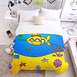 Arts Language Cool Summer Bedspread Quilt Yellow Submarine Underwater All-Season Comforter Duvet Insert or Stand-Alone Comforter, Comfortable Air Conditioning Bed/Sofa Blanket for Adults Kids 82x85in