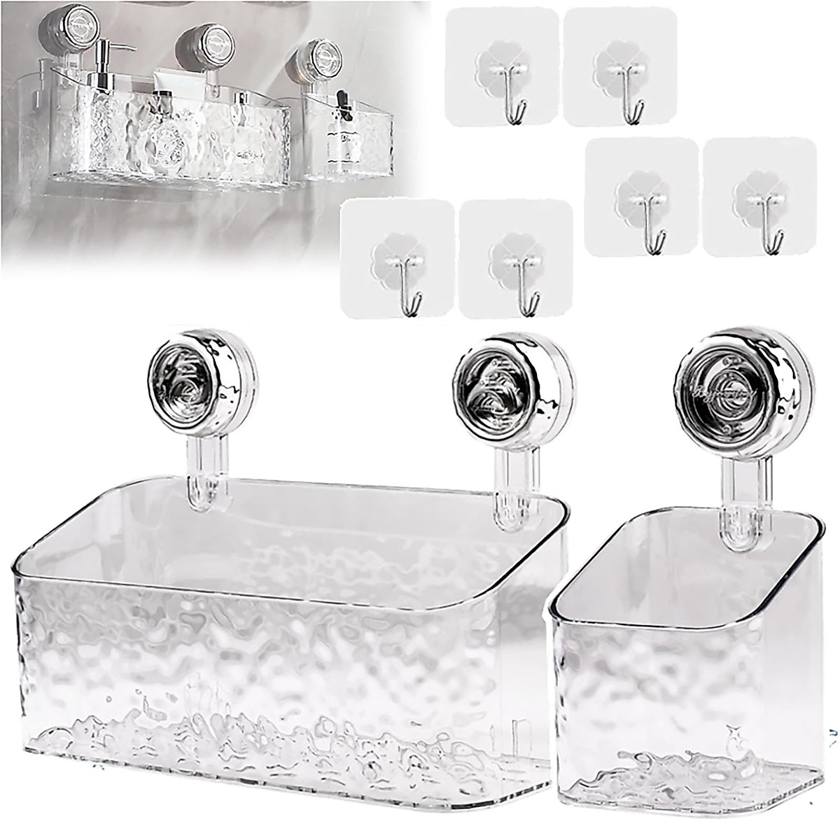 2024 Suction Shower Caddy, Light Luxury Style Glacier Pattern Suction Cup Shelf Multifunctional Bathroom Shower Basket Wall Mounted Organizer Shelf Removable Shower Basket for Home (Small+Large)