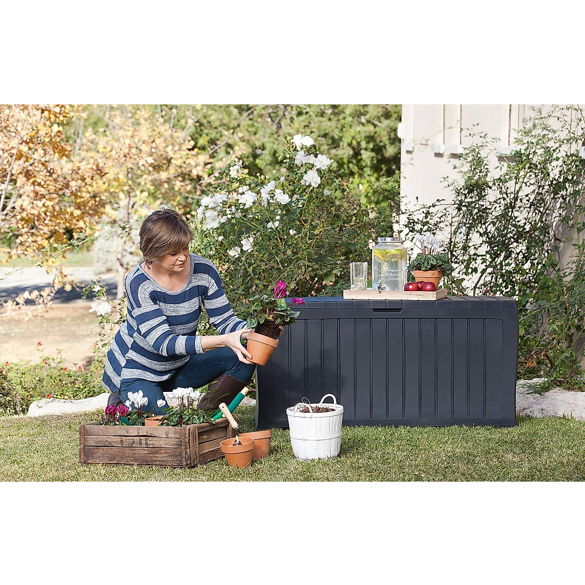 Keter Marvel Plus 71 Gallon Resin Deck Box and Arm & Hammer Pooper Scooper Swivel Bin & Rake Dog Poop Scooper, Black