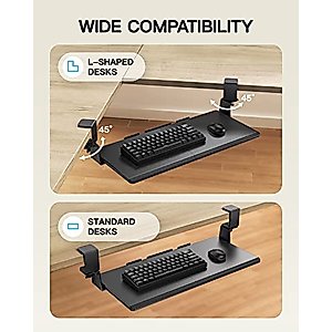 HUANUO Keyboard Tray Under Desk, Ergonomic Corner Keyboard Tray with 45° Adjustable C Clamp for L Shaped Desk, Slide Out Computer Keyboard & Mouse Tray, 27.28" W x 11.85" D, Black