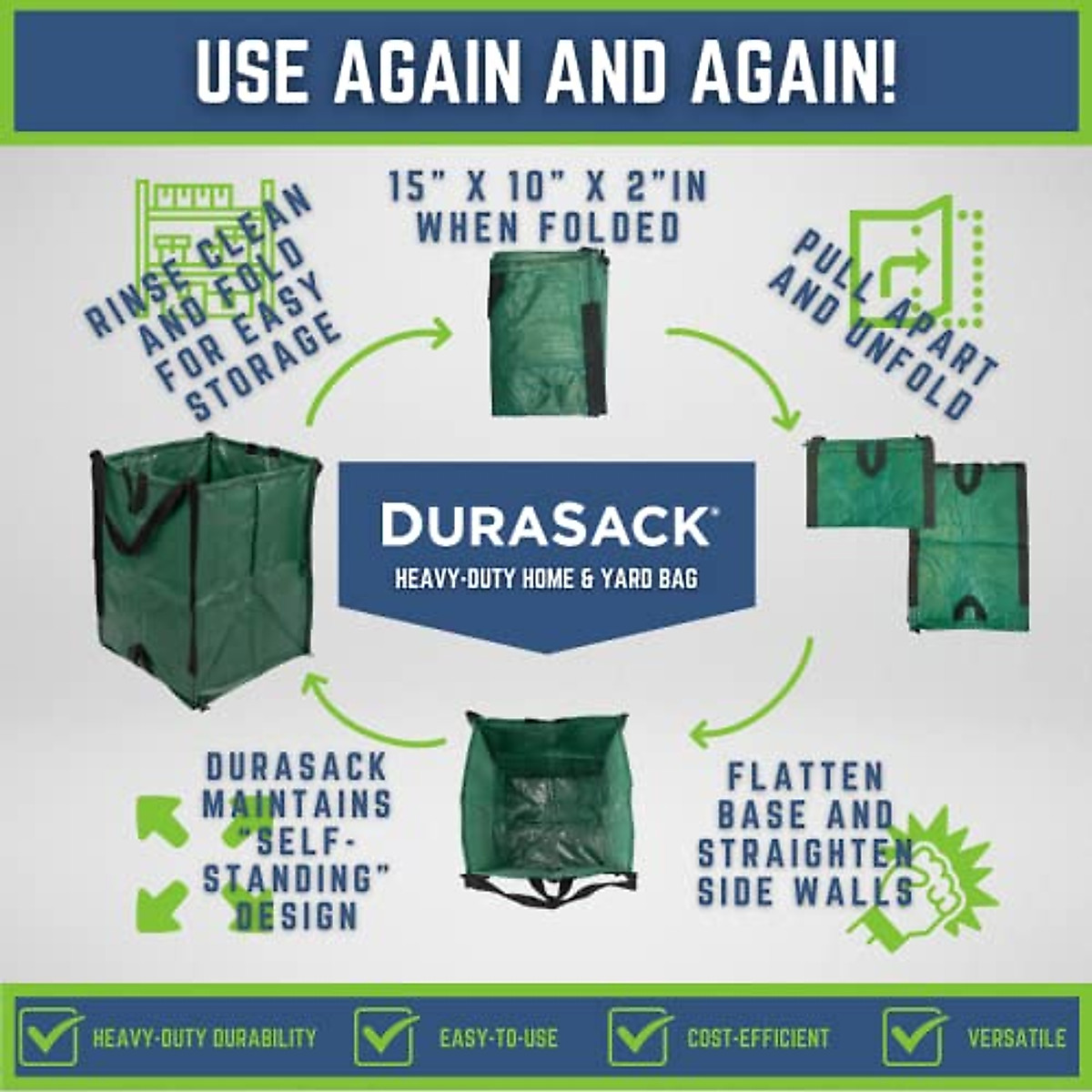 DURASACK Heavy Duty Home and Yard Waste Bag 48-Gallon Woven Polypropylene, Reusable Lawn and Leaf Garden Bag with Reinforced Carry Handles, Pop-Up Self-Standing Garbage Can, Gray