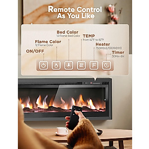 50" Electric Fireplace Inserts and Wall Mounts with Remote Controls 12 Realistic 3D Flame Colors, 750/1500 W Heater, Adjustable Temperature 62F to 82F, Low Noise, 8 Hour Timer, Log and Crystals