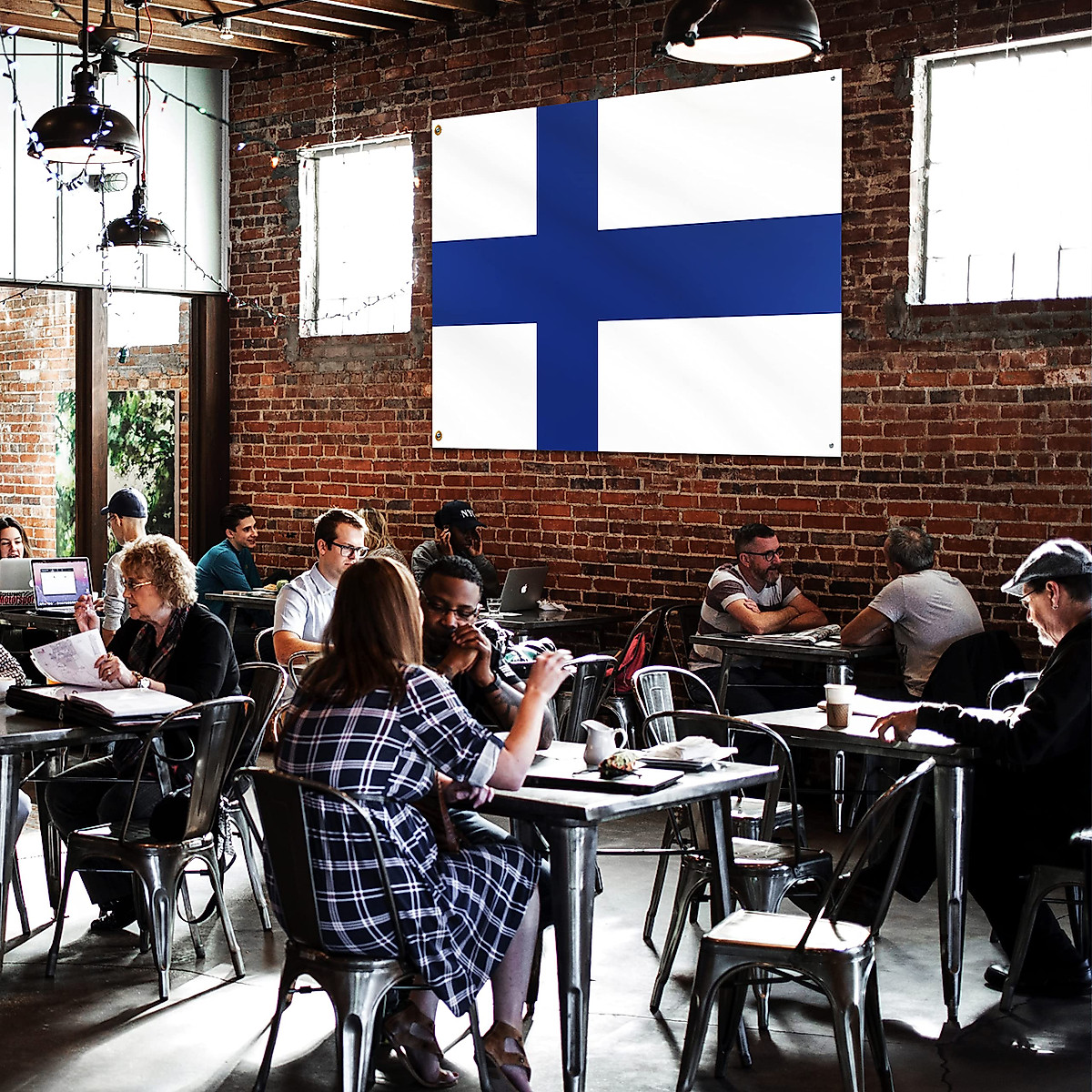 BannerBuzz Finland Flag Knitted Fabric 90 GSM - Lightweight, Bright & Vivid Colors, Brass Grommets Use for Indoor-Outdoor Purpose (9' W X 6' H)