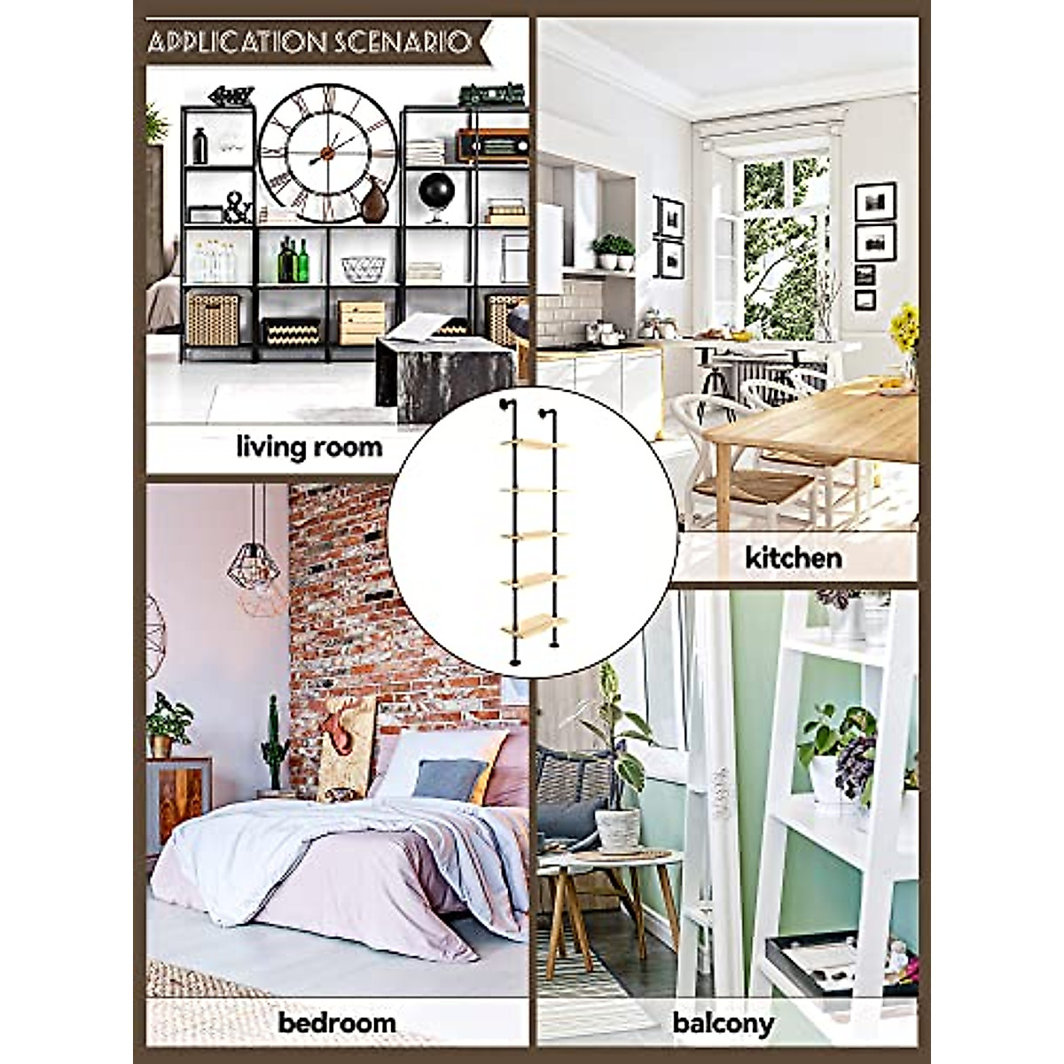 5 Tier Modern Bookcase Wall Mount Ladder Bookshelf Include Wood Planks Industrial Pipe Shelf Book Display Rack Metal Pipes and Wood Shelves Stand Black Corner Frame Bookcase (Natural Wood Board)