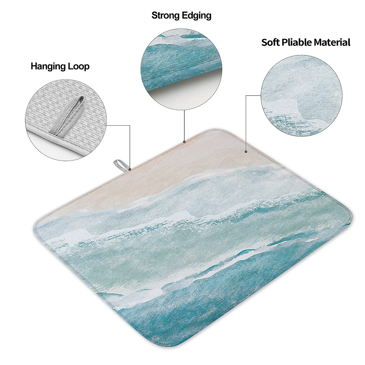 Summer Beach Dish Drying Mat for Kitchen Counter, Aqua Sea Waves Coastal Dish Mat Drying Kitchen Mat, Ocean Nautical Baby Bottle Microfiber Drying Pad, Absorbent Coffee Cup Dishes Drainer Mats 16"x18"