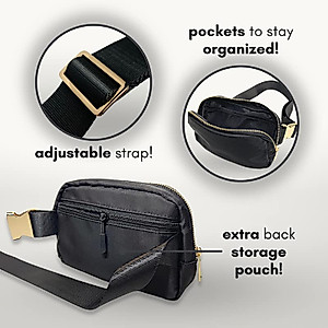 Boutique Belt Bag | Crossbody Bag Fanny Pack for Women Fashionable | Cute Mini Everywhere Bum Hip Waist Pack | Small Fashion Travel Chest Bag | Gold Accessories | Adjustable Extended Strap | Black
