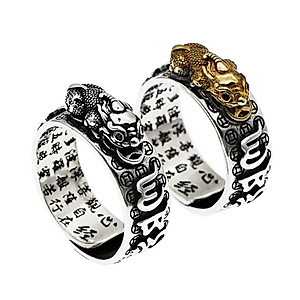 LiFashion Silver Feng Shui PiXiu Adjustable Ring for Unisex MANI Mantra Protection Wealth Ring Buddhist Bible Verse Adjusted Cuff Finger Band for Men Women