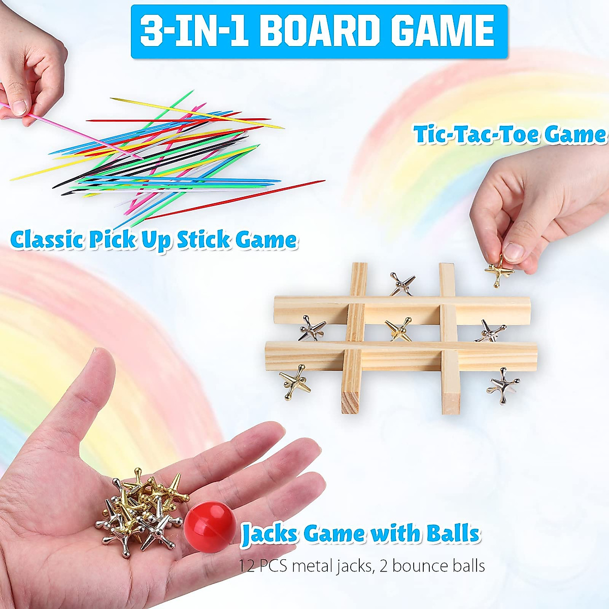 TriMagic 3-in-1 Family Games for Kids and Adults - Jacks Game with Ball, Pick Up Sticks, Wooden Tic Tac Toe Game- Classic Coffee Table Top Decor, Old Fashioned Toy Gift for Birthday Christmas Party
