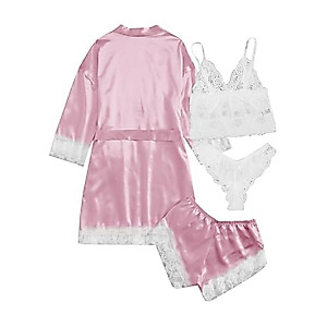 WDIRARA Women' Silk Satin Pajamas Set 4pcs Lingerie Floral Lace Cami Sleepwear with Robe Pink and White S