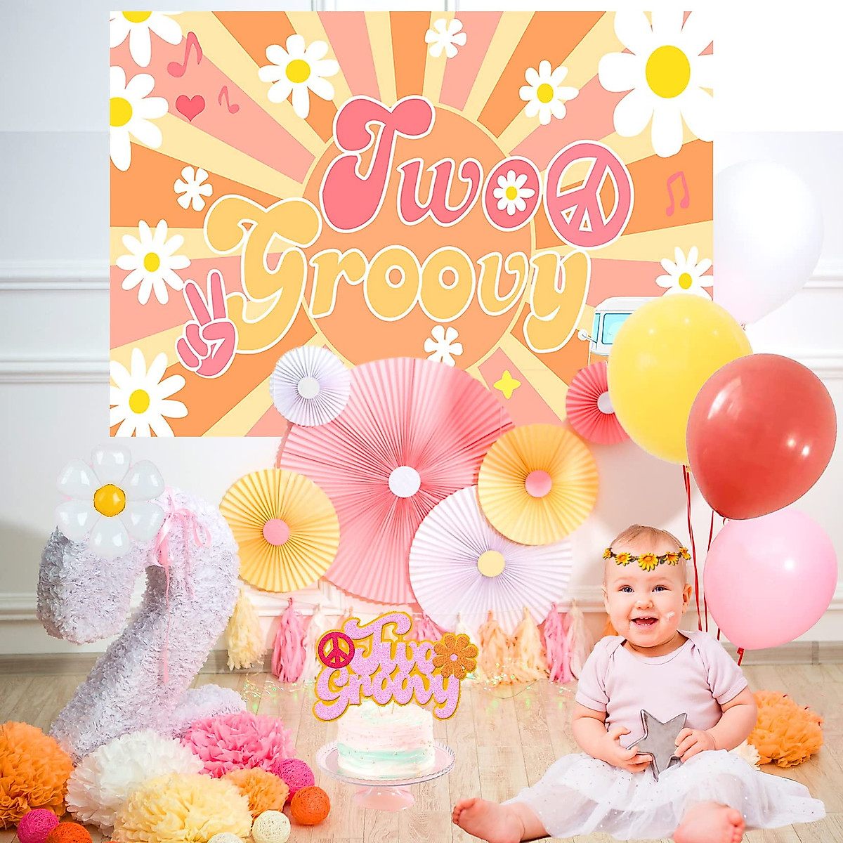 Two Groovy Party Decorations, Two Groovy Birthday Decorations, Groovy Balloon Arch, Backdrop, Two Groovy Cake Topper for Hippie Second Birthday Party Decorations, Girl’s 2nd Birthday
