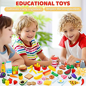 JOYIN 135Pcs Kids Play Food Set, Value Pretend Food for Play Kitchen with Fruit, Vegetable, Food Can, Dessert, Tableware, Bottles, Dramatic Plastic Food Toys for Toddler Boys Girls 3+ Years