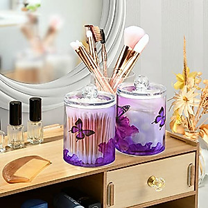 JUMBEAR 2 Pack Purple Butterfly Qtip Holder Dispenser with Lid, 14 oz Clear Plastic Apothecary Jar Set for Bathroom Vanity Organizers Storage Containers