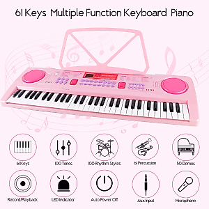 WOSTOO Kids Keyboard Piano, Portable 61 Keys Keyboard Electronic Digital Piano, Early Learning Educational Musical Piano Toy Keyboard Gift for Beginners with Music Stand, Microphone (Pink)
