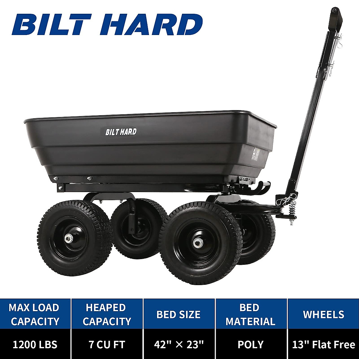 BILT HARD 7 Cu.Ft. 13" No-Flat Tires Poly Yard Dump Cart with 2-in-1 Convertible Handle, 1200 lbs Capacity Heavy Duty Lawn Tractor Cart