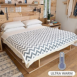 Ailemei Sherpa Fleece Blanket with Creative Embroidered Words Patch, King Size Reversible Fuzzy Soft Fluffy Huge Bed Blankets for Winter, Grey Chevron (Let's Stay Home)