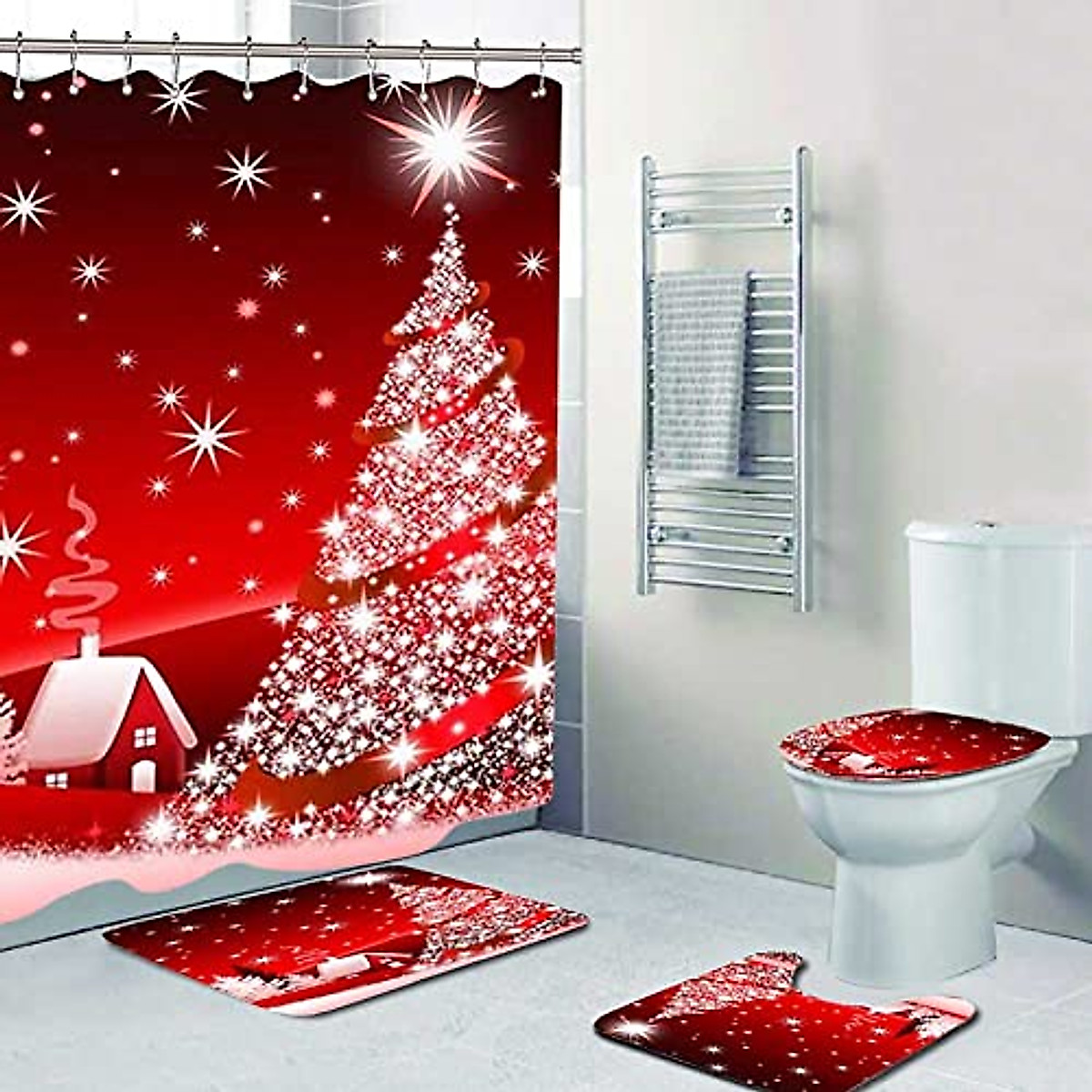 Jlong Merry Christmas Shower Curtain Sets for Bathroom, 4Pcs Xmas Elk Snowman Bell Shower Curtain Non-Slip Bathroom Rugs Lid Toilet Cover Bath Mat and 12 Hooks, Durable Waterproof Bathroom Set Decor