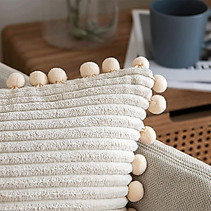 ANRODUO Pack of 2 Cream White Boho Decorative Pillow Covers with Pom-poms Pillow Covers 18x18 Corduroy Cushion Case Cute and Soft Square Throw Pillows for Bed Couch Sofa Living Room Fall Home Decor