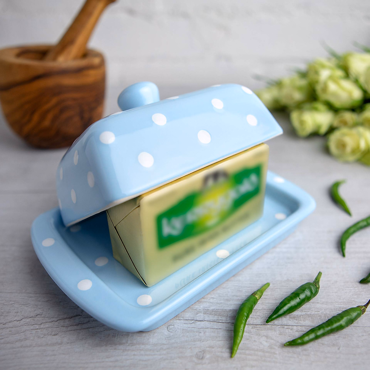 Handmade Ceramic European Covered Butter Dish With Lid | Unique Light Sky Blue and White Polka Dot Pottery Butter Keeper | Housewarming Gift by City to Cottage®