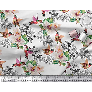 Soimoi Cotton Poplin White Fabric - by The Yard - 42 Inch Wide - Hummingbird, Leaves & Flower Floral Textile - Playful and Delicate Fusion for Stylish Creations Printed Fabric