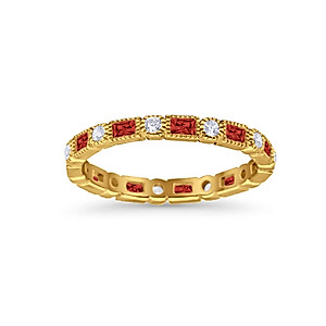 Blue Apple Co. 3mm Art Deco Full Eternity Wedding Band Baguette Round Yellow Tone, Simulated Garnet CZ 925 Sterling Silver 5
