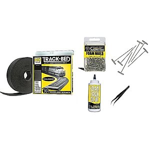 Woodland Scenics HO Scale Track-Bed 24' Roll, Foam Nails, and Foam Tack Glue - with Make Your Day Curved Tweezers