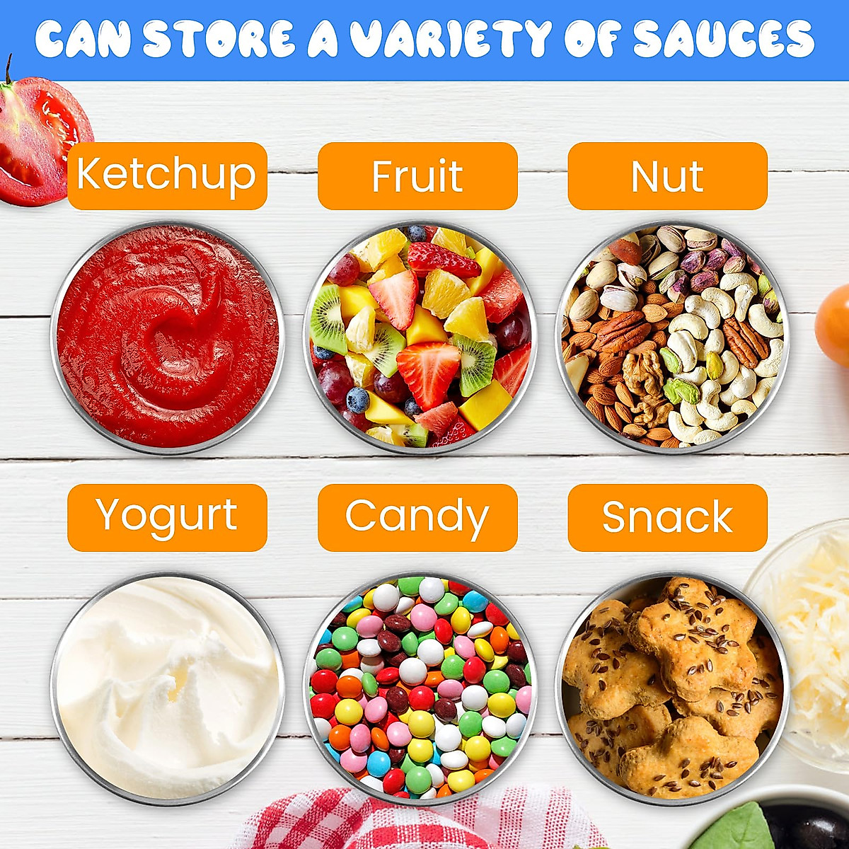 UKQRRTC 6Pcs Salad Dressing Containers 1.69 oz Small Salad Dressing Cups Stainless Steel Condiment Container with Silicone Lids Reusable Sauce Containers for School Kitchen Picnic Traveling (Style 2)