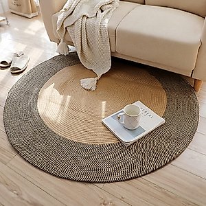 Poowe Hand Woven Round Area Rugs Living Room Bedroom Study Computer Chair Cushion Base Mat Round Carpet Lifts Basket Swivel Chair Pad Coffee Table Rug(2.6' Round)