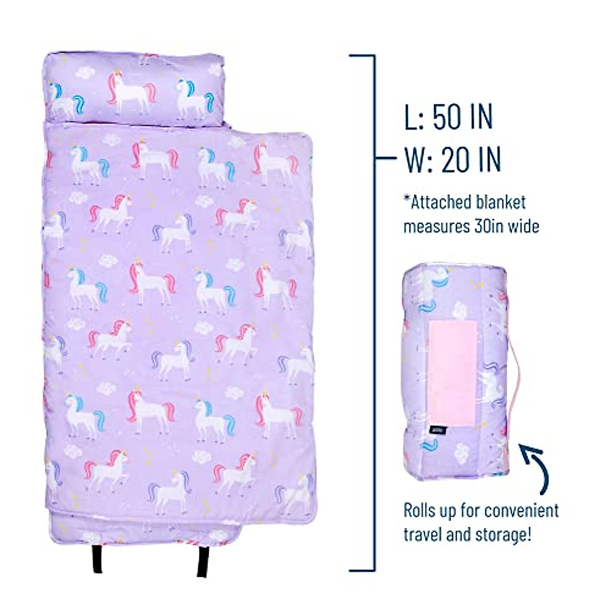 Wildkin Original Nap Mat with Reusable Pillow for Boys and Girls, Perfect for Elementary Sleeping Mat, Features Hook and Loop Fastener, Soft Cotton Blend Materials Nap Mat for Kids (Unicorn)