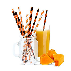 Party On Tap Paper Straws - Orange, White and Black Striped Party Straws - Pack of 100 - Biodegradable and Disposable Pumpkin Party Decorations