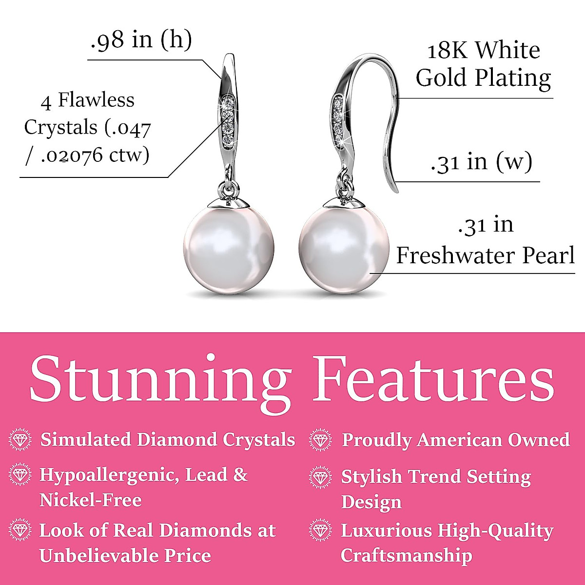 Cate & Chloe Betty 18k White Gold Plated Freshwater Pearl Earrings with Crystals, Silver Drop Dangle Crystal Earrings for Women, Classic Jewelry, Hypoallergenic, Gift For Her