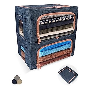 Pranski 2-PACK Clothes Storage Bins Box, Linen Fabric Foldable Cloth Container with Clear Window & Carry Handles Metal Steel Frame - Large Capacity for Closet, Blankets, Toys, Books (Blue, 22L)