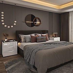 Jehiatek White Nightstand Set of 2, Night Stand Set 2 with Wireless Charging Station, High Gloss End Table with Adjustable LED Lights & USB Charging, Bedside Table Set of 2 with 3 Drawers (White)