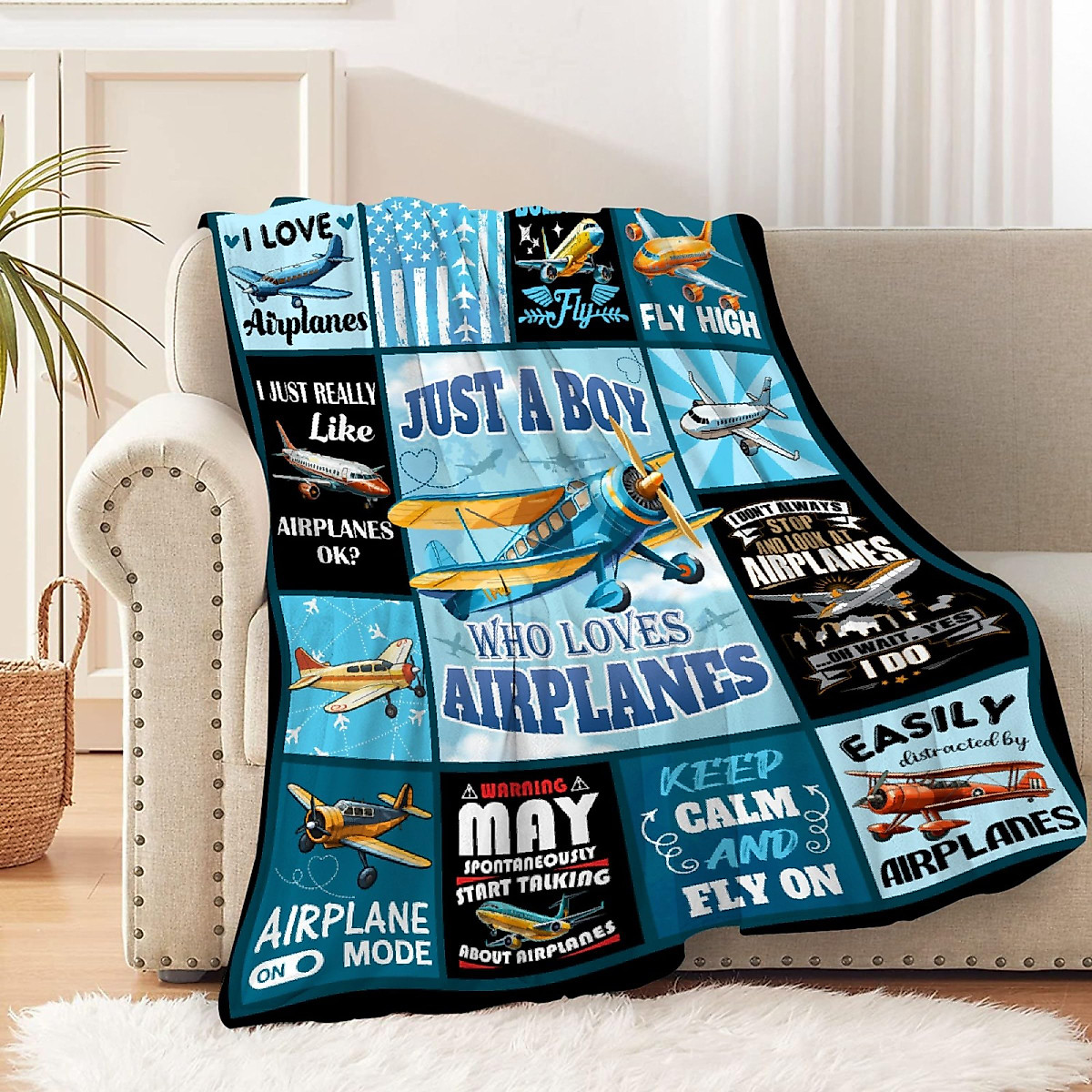 MYSTCOVER Airplane Blanket for Kids Adults Just A Boy Who Loves Planes Blanket Warm Plush Fleece Planes Throw for Bed Sofa Office Decor Boy Birthday Gifts Ideas 50"x60"-M