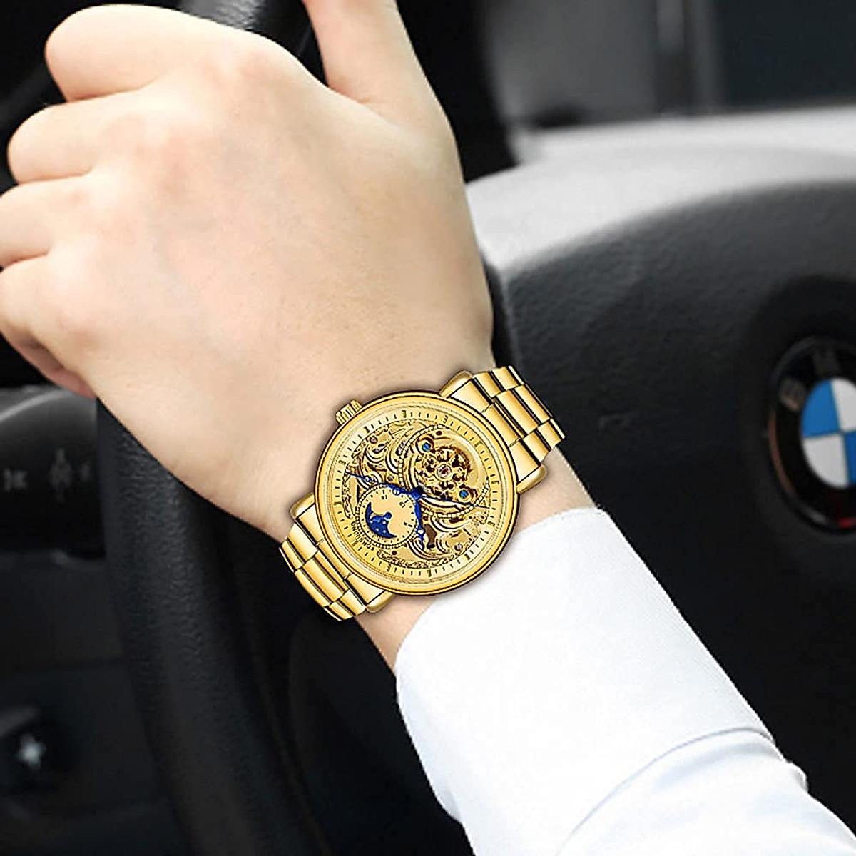 Tiong Mens Skeleton Automatic Mechanical Watch Golden Vintage Moon Phase Steel Male Wristwatch