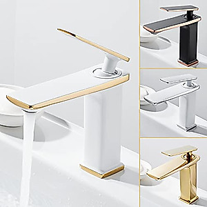 Bathroom Sink Faucet, Brass Black Gold Basin Faucet Bathroom Sink Faucets Hot Cold Water Mixer Crane Deck Mounted Single Handle Hole Bath Kitchen Tap (Color : White and Gold)