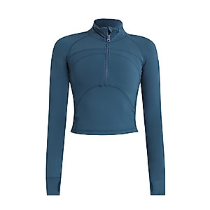 Women Cute Crop Workout Top Yoga Gym Coat Long Sleeve 1/2 Zip Active Sportswear Blue M